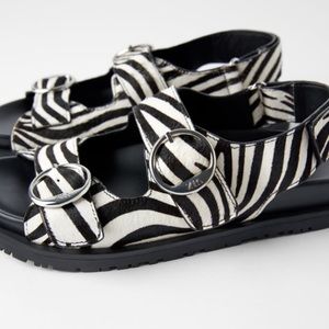 Zara | Shoes | Zara Zebra Print Flat Leather Sandals With Buckle | Poshmark